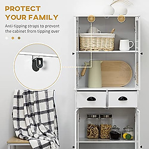HOMCOM 61" Freestanding Kitchen Pantry, Traditional Style Storage Cabinet with Soft Close Doors, Adjustable Shelves, and 2 Drawers, for Living Room, Dining Room, White