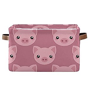 Kigai Pink Pig Cartoon Storage Baskets Rectangle Foldable Canvas Fabric Organizer Storage Boxes with Handles for Home Office Decorative Closet Shelves Clothes Storage