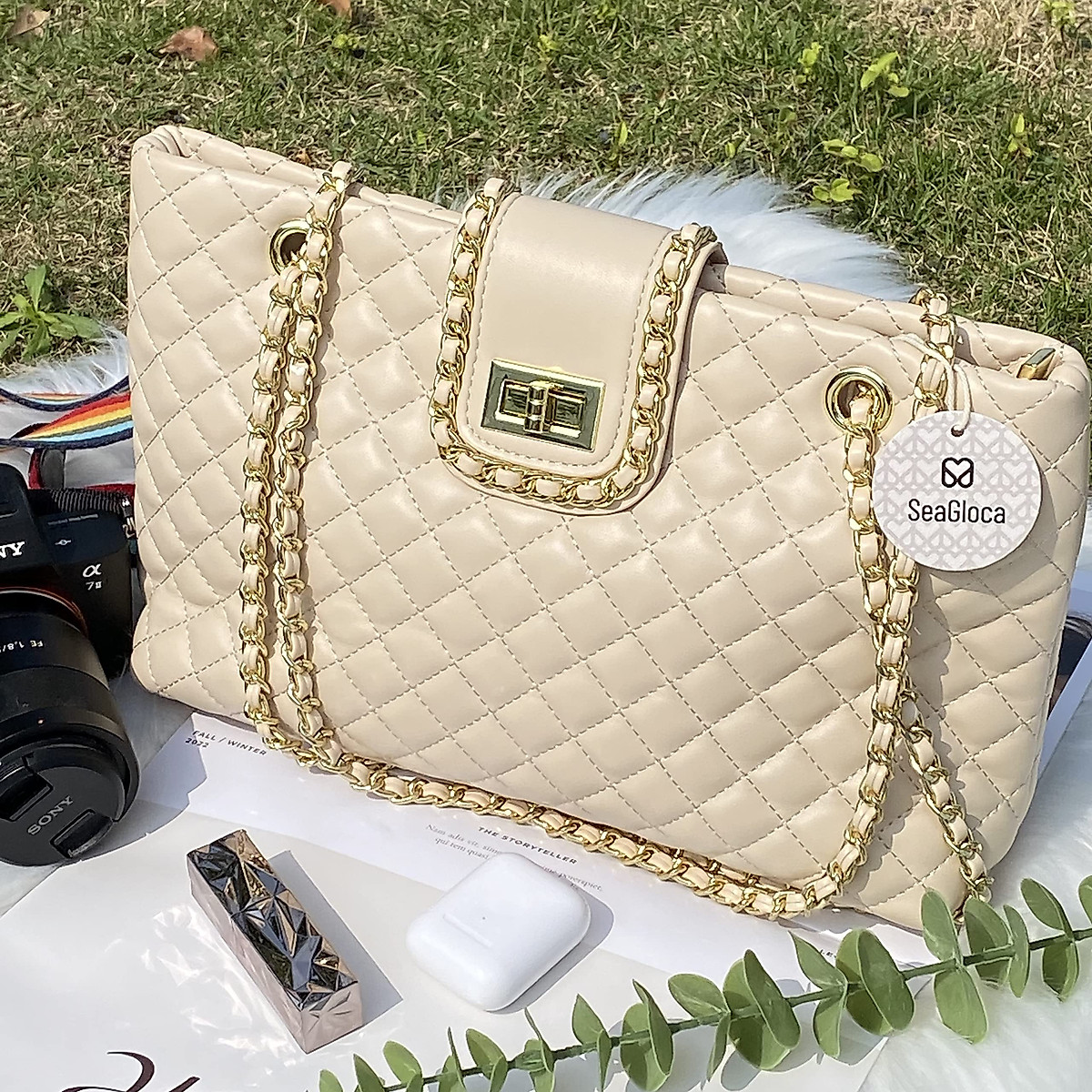 Seagloca 11.8" Women Quilted Double Strap Shoulder Bag Solid Color quilted tote Handbag Hobo handbag (White)