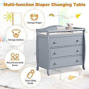 Costzon 3-Drawer Changing Table, Infant Diaper Changing Station with Drawers, Safety Rails & Strap, Baby Changing Table Dresser for Nursery, Easy Assembly (Gray)