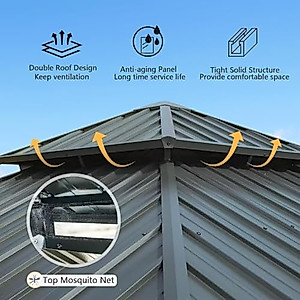 Domi 12’ X 12’ Hardtop Gazebo Canopy with Netting & Curtains, Outdoor Aluminum Gazebo with Galvanized Steel Double Roof for Patio Lawn and Garden, Gray