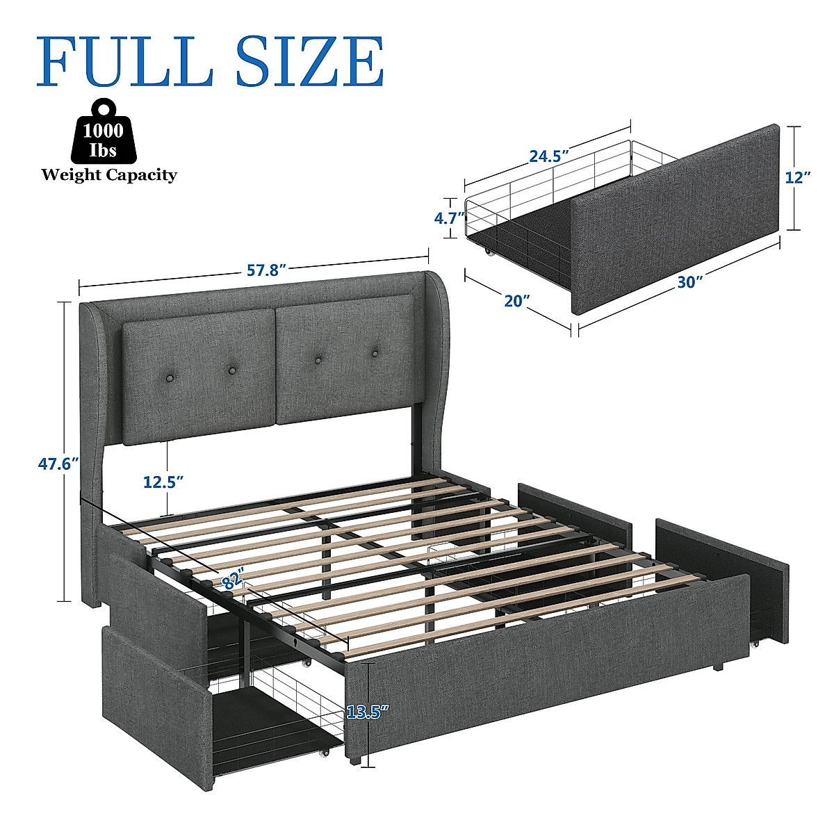 LIMGLIM Full Size Bed Frame with Storage, LED Full Bed Frame and Wingback Headboard, Upholstered Platform Bed Frame with Drawers, No Box Spring Needed, No-Noise, Easy Assembly, Grey