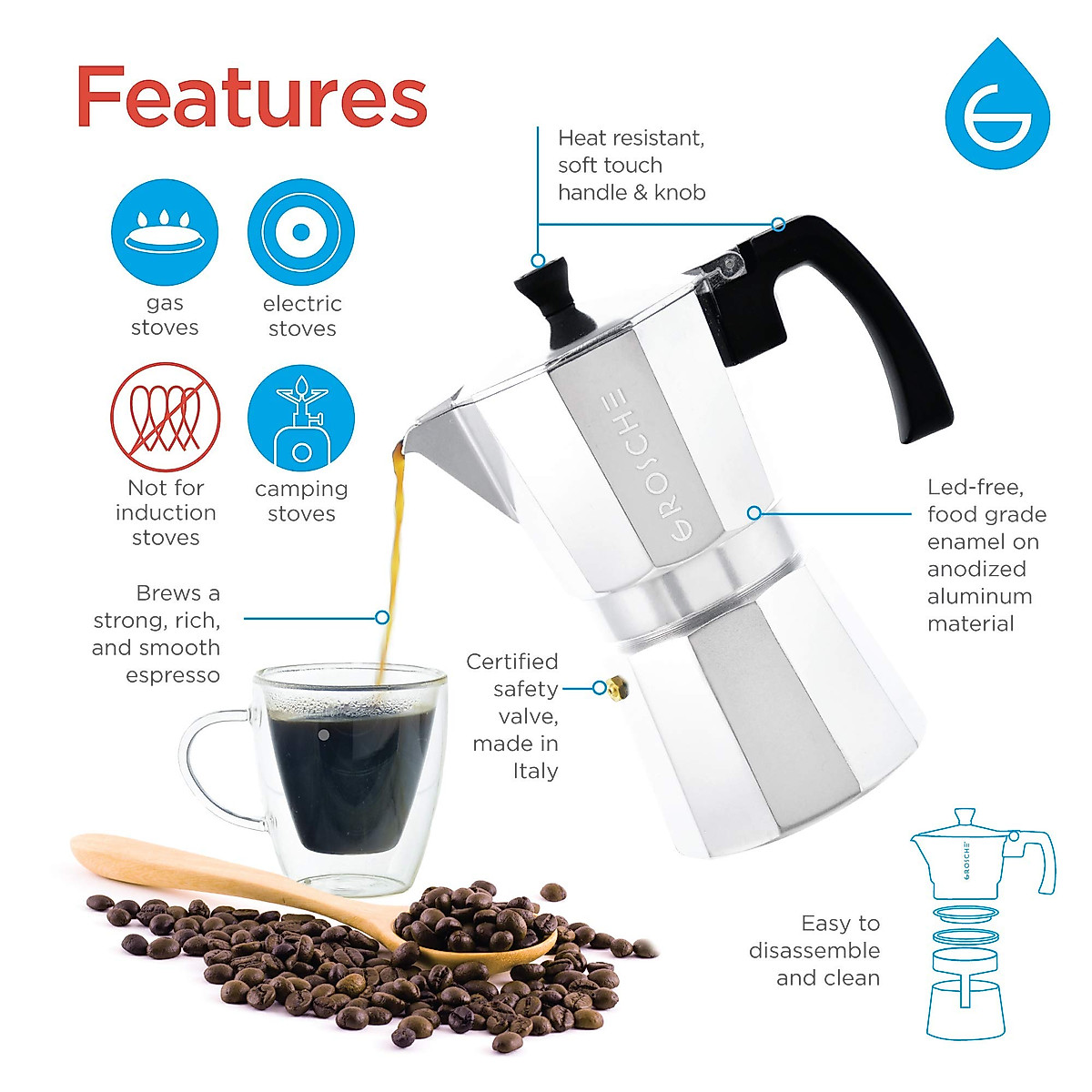 GROSCHE Milano Stovetop Espresso Maker Moka pot 3 espresso Cup - 5 oz, Silver and 3 Replacement Seals Gaskets Bundle Stove top coffee maker Moka Italian espresso coffee maker and replacement gaskets