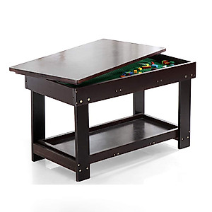 YouHi Kids Activity Table with Board for Bricks Activity Play Table (Dark Brown)