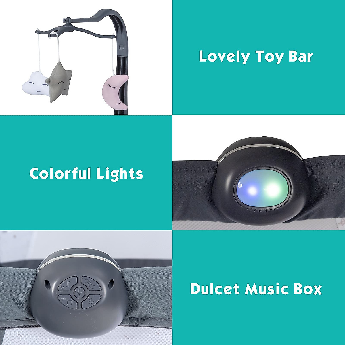 BABY JOY Baby Bassinet, Height Adjustable Portable Bassinet Crib w/Music Box, Toy Rack, Mattress, Breathable Mesh & Travel Bag, Easy Folding Bassinet Bedside Sleeper for Newborn Infant (Dark Grey)