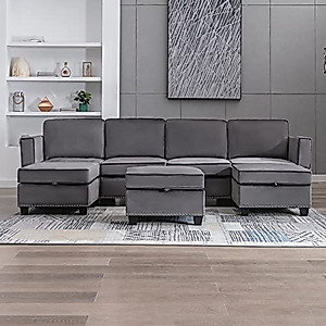 Horgaeo Sectional Sofa, 7-Seat Convertible L-Shaped Chaise Sofa Bed with Angle-Adjustable Backrest/Storage Ottoman Modern Couch Velvet Fabric Living Room(Dark Grey)