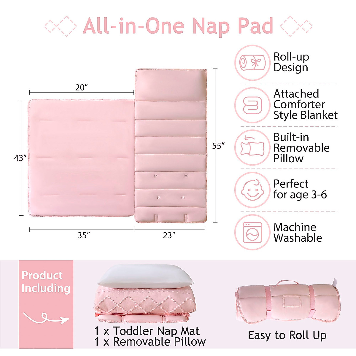 Tufted Toddler Nap Mats for Preschool Daycare Girls Pink Jacquard Tufts Kids Sleeping Mats Toddler Slumber Bag Nap Pad with Removable Pillow for Girls Boys Kindergarten Sleepovers Travel and Camping