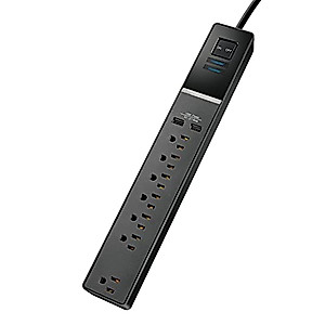 Rocketfish 7-Outlet/2-USB Wall Tap Surge Protector Strip - Provides Protection & Convenient Mobile Phone Charging - Black