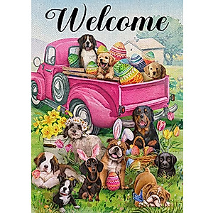 Covido Home Decorative Welcome Easter Eggs Pink Truck Dog Garden Flag, Country Puppy House Yard Daffodil Tulip Daisy Flowers Outside Decoration, Spring Floral Outdoor Small Decor Double Sided 12 x 18