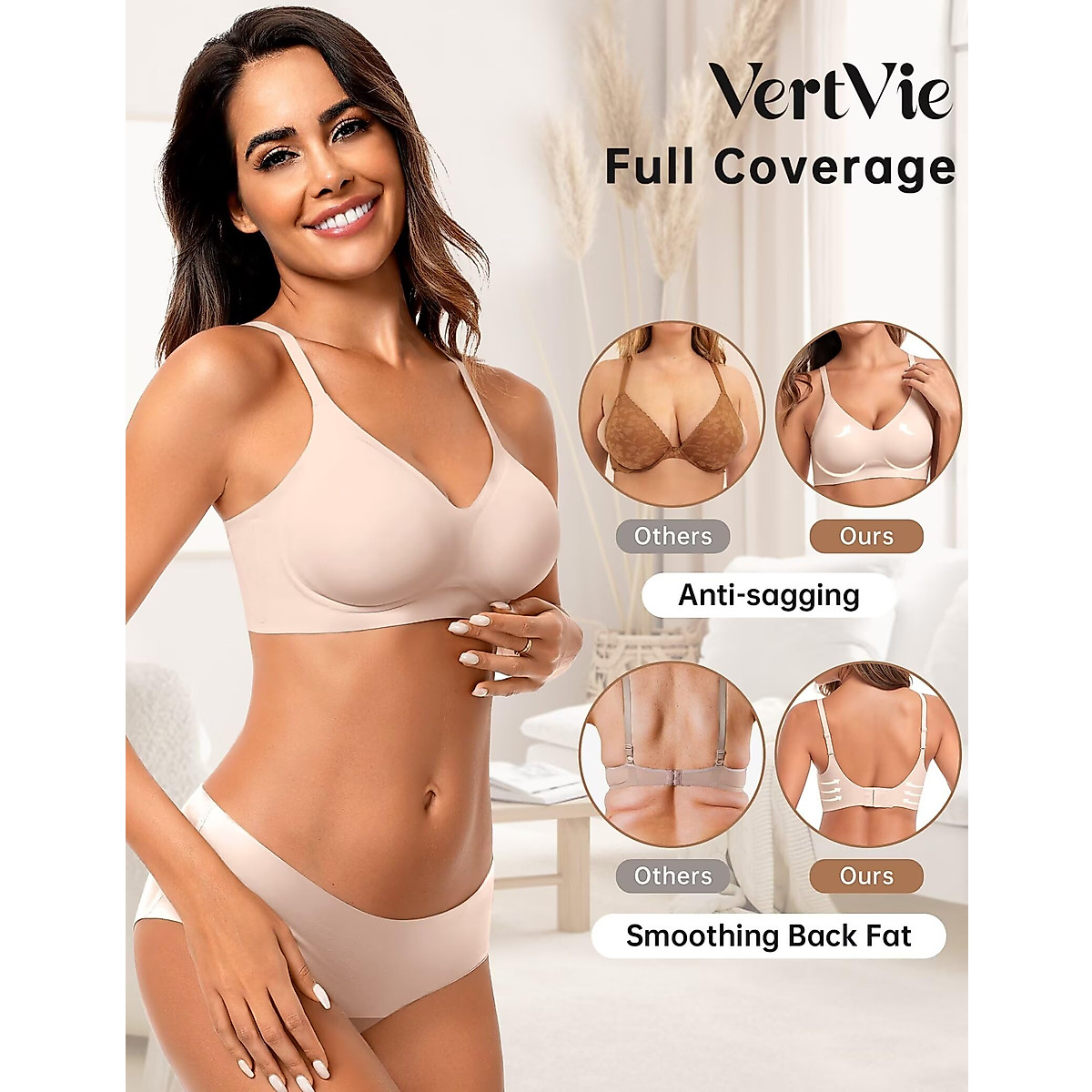 Vertvie Womens Seamless Bra No Underwire Comfort Push Up Bras Buttery Soft Wireless Bralette Full Coverage Sport Everyday Bra(Skin,Medium)