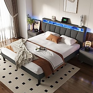 YITAHOME Queen Size Bed Frame, LED Bed Frame with Storage Bookcase Headboard, Upholstered Platform Bed with Charging Station, No Box Spring Needed, Easy Assembly, Grey