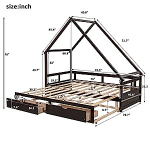 Extending Wood House Bed Daybed with Roof & 2 Drawers for Kids Teen Toddler, Convertible Sofa Bed Captains Bed Frame with Wooden Slats Support for Living Room, Can Convert From Twin To King (Espresso)