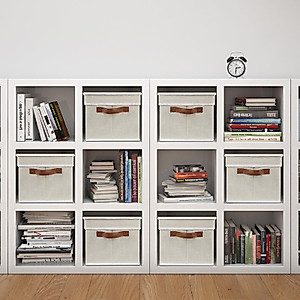 Storage Boxes with Lids, 3 Pack Fabric Collapsible Storage Organizer Container with Leather Handle, 15.25 x 10.75 x 8.25 inch Rectangular Storage Bins Baskets for Shelves Home Nursery, Ivory White