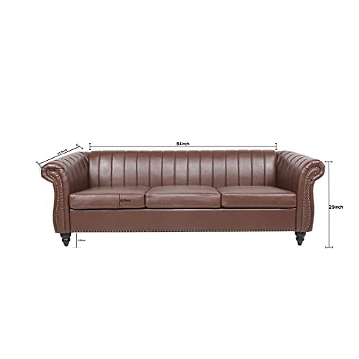 EMKK 84inch 3 Seater Sofa Modern Upholstered Couch Faux Leather Sofá for Living Room, Rolled Arm Chesterfield Small Spaces,Bedroom,Apartment,Dorm,Office, Dark Brown 84''