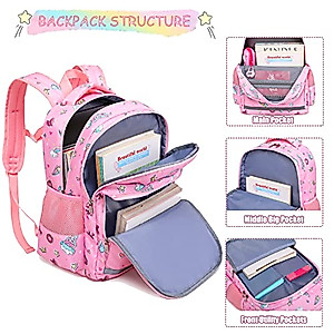 Girls Unicorn Backpack, Elementary School Kids Backpack for Girls Unicorn Bookbag Set with Chest Strap Lunch Bag and Pencil Case