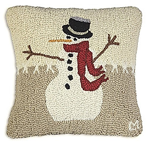Chandler 4 Corners Artist-Designed Snowman in Stitches Hand-Hooked Wool Decorative Throw Pillow (18” x 18”) Christmas Pillow for Couches & Beds - Low Maintenance-Winter Holiday Square Home Décor