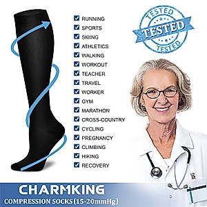 CHARMKING Compression Socks for Women & Men (8 Pairs) 15-20 mmHg Graduated Copper Support Socks are Best for Pregnant, Nurses - Boost Performance, Circulation, Knee High & Wide Calf (L/XL, Black)