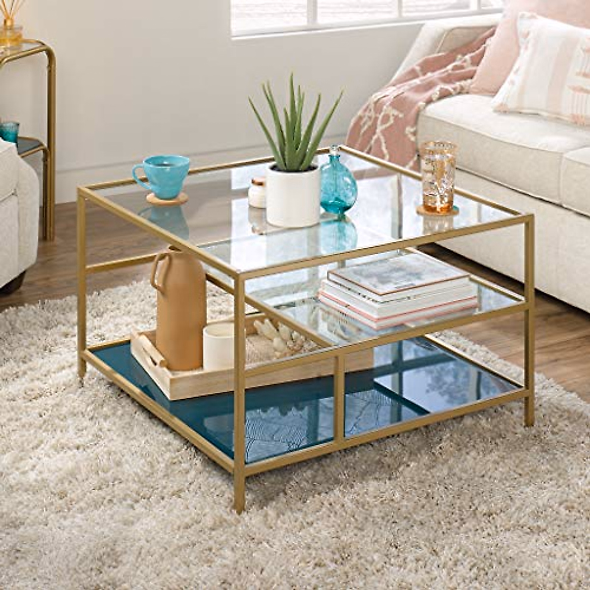Sauder Coral Cape Coffee Table, L: 29.53" x W: 29.53" x H: 18.9", Satin Gold Finish