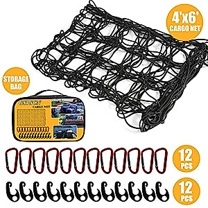 GSPSCN Cargo Net 4' x 6' for Truck Pickup Bed, Trailer ,Boat ,RV SUV Stretches to 11'x17' Max Roof Rack Net ,Small 4”x4” Mesh Heavy Duty Bungee Cord Net Compatible with Dodge Ram,Chevy Ford,Toyota