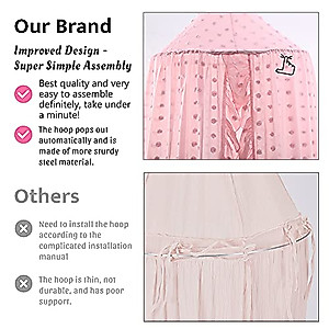 Kids Bed Canopy for Girls, Pink Crib Canopy Princess Hanging Children Canopy Tent, Toddler Girl Canopy Bed Netting for Baby Room Bedroom Reading Nook, Macrame Lace Boho Nursery Canopy with Pom Pom