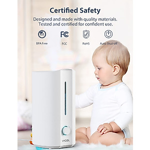 VYCOL Humidifiers for Bedrooms, 4L Ultrasonic Top Fill Cool Mist Humidifier for Large Room, Plants, Super Quiet, Lasts up to 65 Hours, Auto Shut-Off Air Vaporizer for Baby, Kids & Nursery White