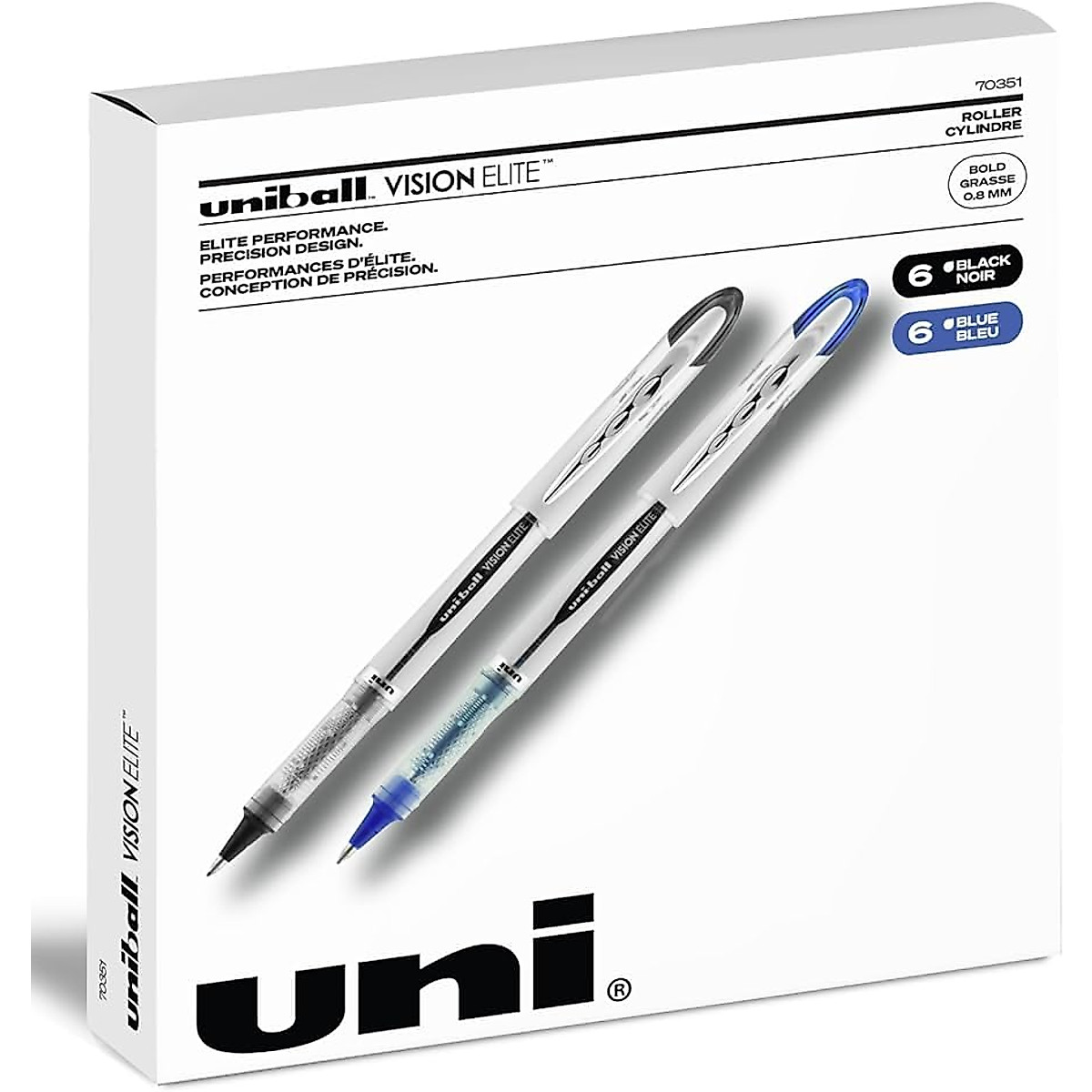 Uniball Vision Elite Rollerball Pens - 12 Pack (6 Black & 6 Blue Ballpens) - 0.8mm Bold Point Tip - Uni Super Ink Protects Against Water, Fraud, Fading - Ideal for Personal Use, School, Office, Home