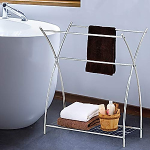 MyGift Stainless Steel Metal Laundry Room Clothing Drying Rack, Freestanding Bathroom Towel Bar Hanging Stand with Storage Shelf