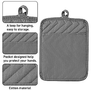 GROBRO7 6Pcs Cotton Oven Mitts and Pot Holders Set Durable Hot Pads Machine Washable BBQ Gloves Heat Resistant Pocket Pot Holder with Hanging Loop for Safe Kitchen Baking Cooking Grilling Grey