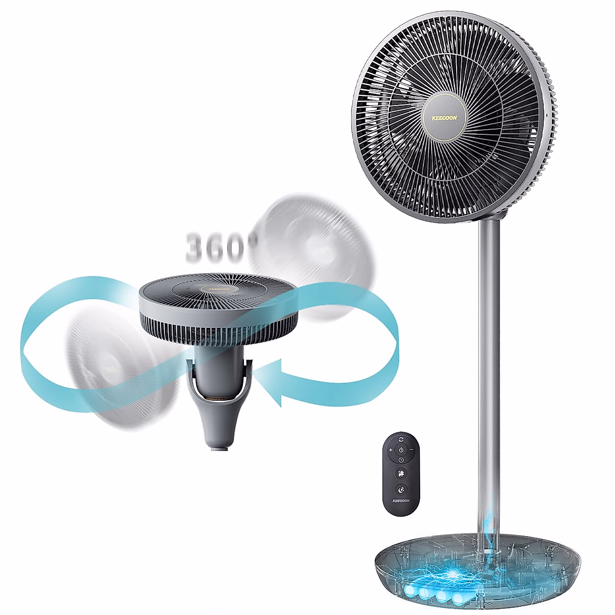 Standing Fan for Patios Home, 360 Degree Oscillating Rechargeable Pedestal Fan with Remote, 37-Inch Tall Cordless Whole House Style Portable Fan, Quiet,15000mAh Battery, 15 Speed Levels&Timer, Gray