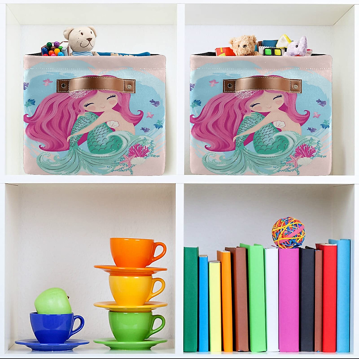 FZDXZJJ Cute Ocean Mermaid Storage Basket Bins, Sea Fish Starfish Decorative Baskets Storage Box Collapsible Storage Cubes Organizer with Handles for Nursery Shelf Closet Office Home Bedroom, 2 Pack