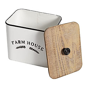 Deco 79 Metal Text Farm House Canisters with Wood Lids, Set of 3 11", 9", 7"H, White