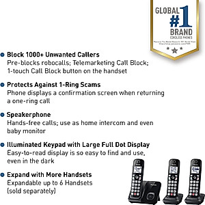 Panasonic Cordless Phone with Advanced Call Block, Bilingual Caller ID and Easy to Read Large High-Contrast Display, Expandable System with 3 Handsets - KX-TGD813B (Black)