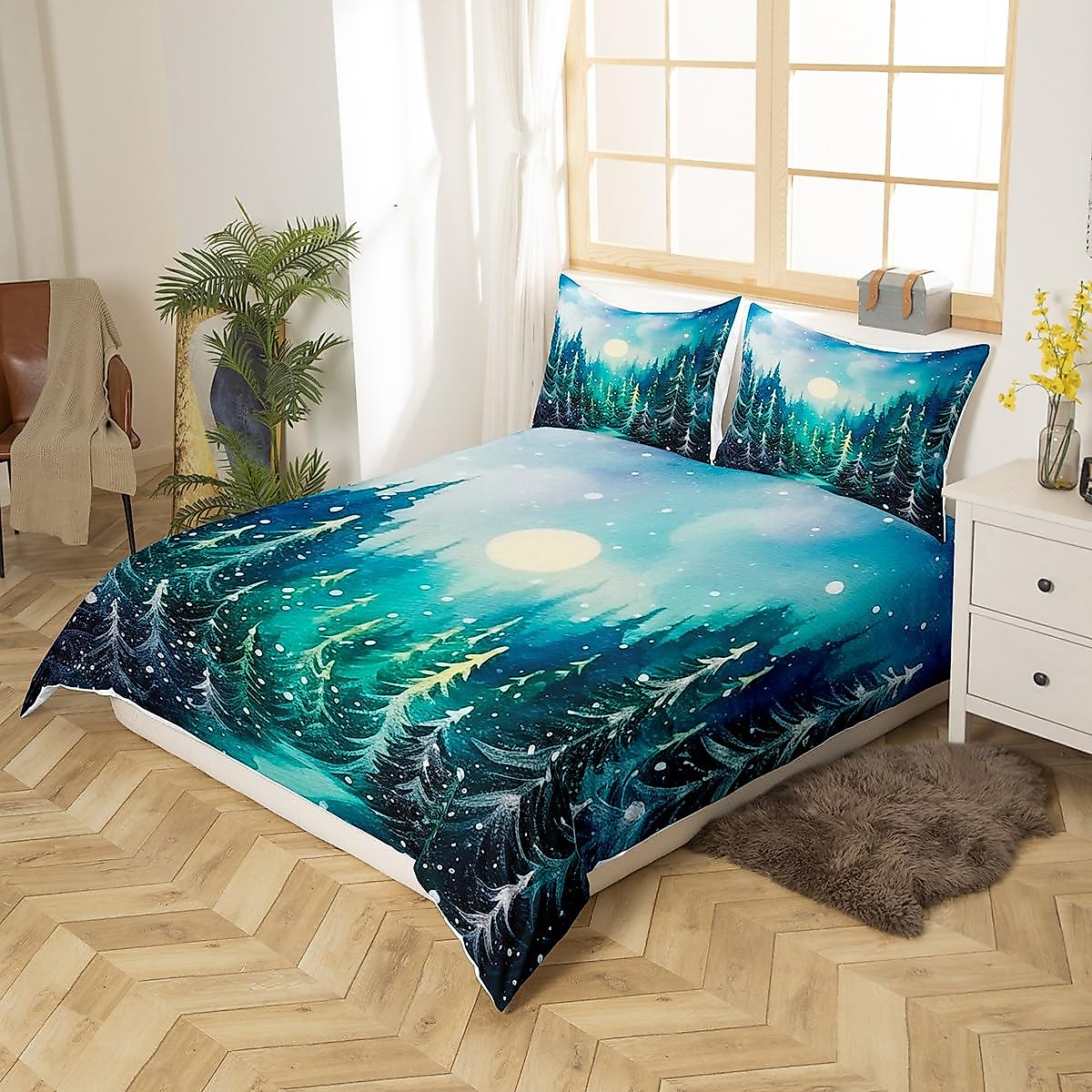 Pine Trees Christmas Duvet Cover Set Queen Size, Moonight Starry Sky Bedding Set,Boys Girls Room Decor,Pines Botanical Leaves Natural Comforter Cover,Cyan Rustic Farmhouse Quilt Cover,2 Pillowcases