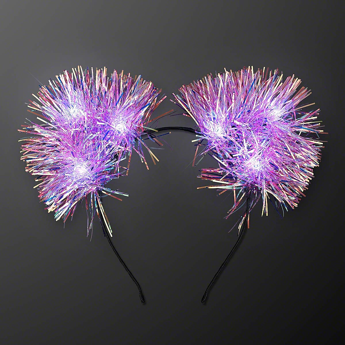 FlashingBlinkyLights Still-Light Sparkle Iridescent Pom Ears Light Up Party Headband