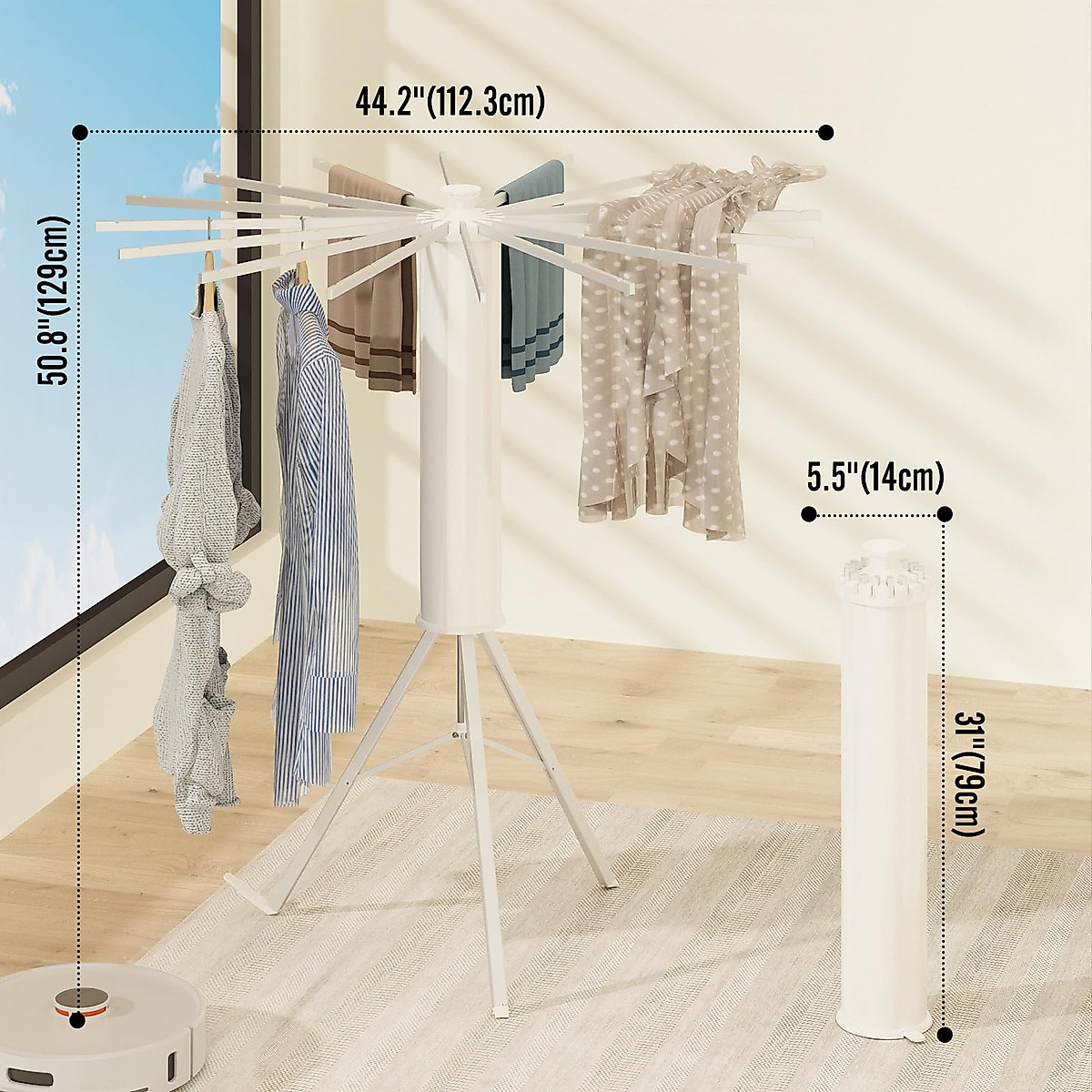 Dr.DJ Tripod Drying Rack, Foldable Octopus Standing Drying Rack Clothing with 16 Aluminum Drying Arms, Round Collapsible & Portable Handle for Laundry Room, Balcony, Bedroom, RV