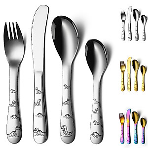 Evanda Toddler Utensils, 4 Pieces Stainless Steel Toddler silverware set, Kids Utensils Forks and Spoons, Mirror Polished Smooth Round Tableware and Dishwasher Safe