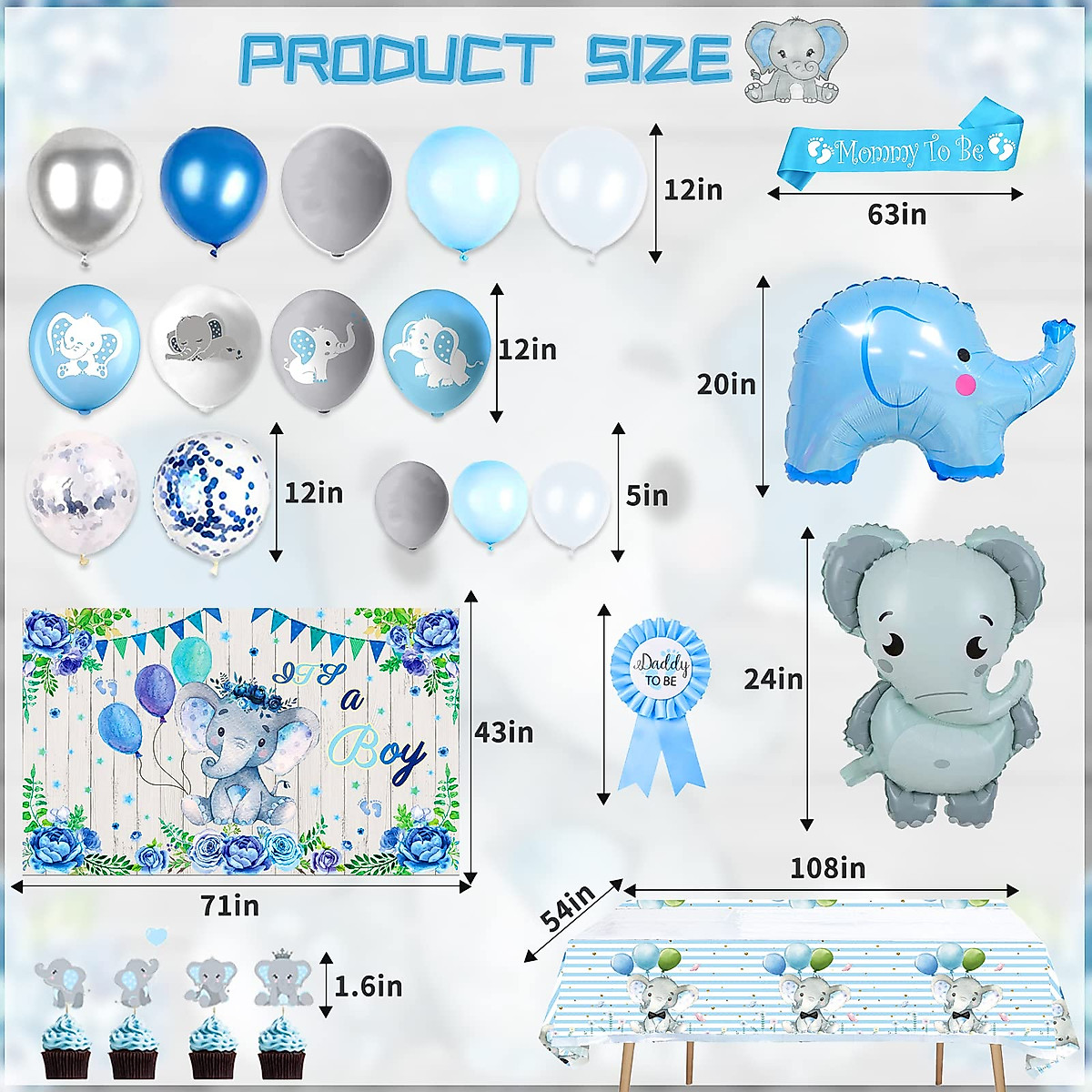 134PCS Elephant Baby Shower Decorations for Boy Baby Boy Shower Decorations Include Elephant Theme Balloon Garland Arch Kit Backdrop Tablecloth Cake Toppers Mommy Sash and Daddy Badge