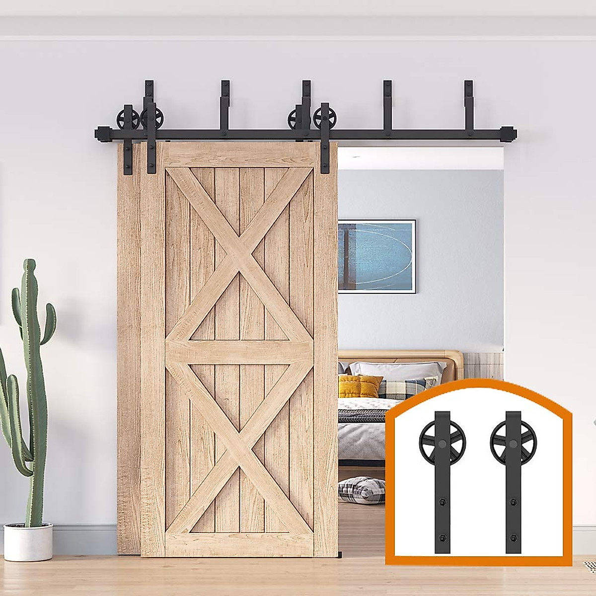 ZEKOO 5-18 FT Bypass Barn Door Hardware for Double Barn Door, Barn Door Track for Sliding Closet Door, Heavy Duty Double Bypass Barn Door Kit Big Black Spoke Hangers (9FT Bypass Double Door Kit)