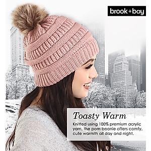 Brook + Bay - Beanie Hats for Women, Pom Pom Hat Soft Chunky Knit Beanie for Cold Weather, Stocking Cap for Women Winter Hats Pink