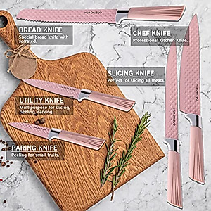 Tinor Kitchen Knife Set, 9 Pieces Pink Knife Set with Acrylic Block Cutting Board & Sharpener, High Carbon Stainless Steel Chef Knife Block Set, Nonstick Coating