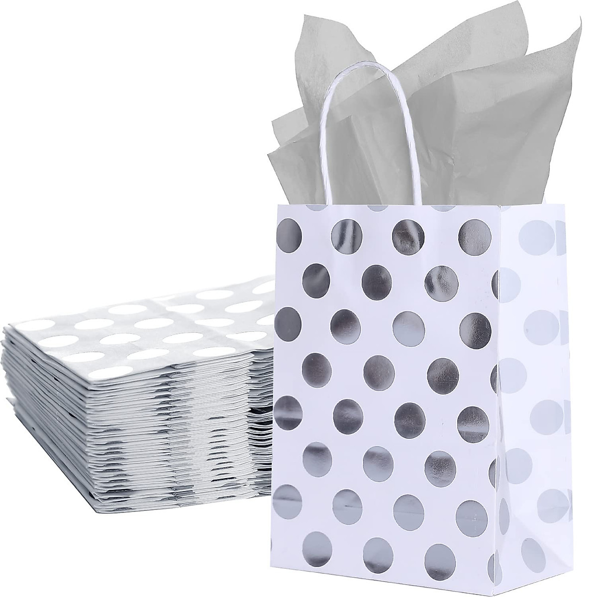 TIMBLESSING 24 pcs silver gold foil polka dots ，Bulk Kraft Party Gift Bags， 24 grey Sheets of Wrapping Paper, Small Size Gift Bag, (8.6x3.2x5.9 Inch)