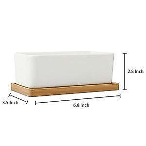 MyGift White Ceramic Plant Pots with Drainage, Rectangular Succulent Planter with Removable Bamboo Saucers, Set of 2