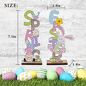 Easter Tabletop Decoration Signs, Easter Table Centerpieces Wooden Bunny Gnomes Decorations Family Signs for Spring Holiday Easter (2PCS)