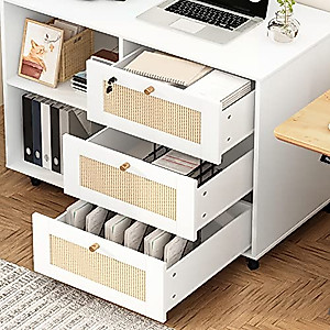 AWQM Wood Filing Cabinet with Lock,3 Drawers Office Storage Cabinet Printer Stand with Open Storage Shelves,Rattan Mobile File Cabinet for Home Office,White