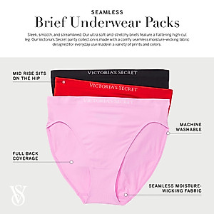 Victoria's Secret Seamless Brief Panty Pack, High Leg Cut, Underwear for Women, 7 Pack, Solids & Polka Dots (XL)