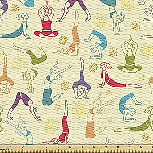 Ambesonne Yoga Fabric by The Yard, Workout Themed Fitness Girls Pattern Abstract Meditation Postures Arrangement Asian, Decorative Fabric for Upholstery and Home Accents, 1 Yard, Cream Red