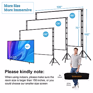 Projector Screen and Stand,Towond 150 inch Indoor Outdoor Projection Screen, Portable 16:9 4K HD Rear Front Movie Screen with Carry Bag Wrinkle-Free Design for Home Theater Backyard Cinema