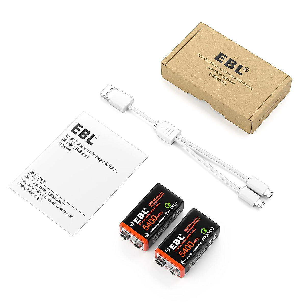 EBL Rechargeable 9V Lithium Batteries, 5400mWh USB 9 Volt Li-ion Batteries Long-Lasting(2 Pack)