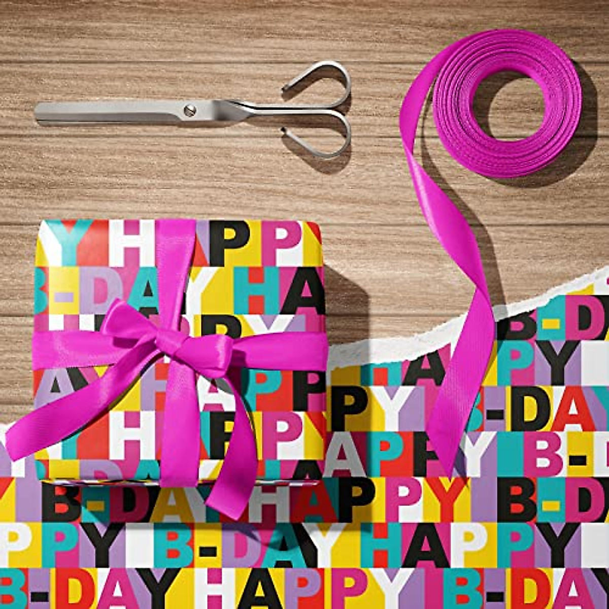 GIOLAINY Birthday Wrapping Paper for Kids Boys Girls Adults - Gift Wrapping Paper with Bright "Happy Birthday" Words, Blue Stripes and Star Design - 8 Sheets (20*29 Inch per Sheet), Recyclable, Easy to Store, Not Rolled