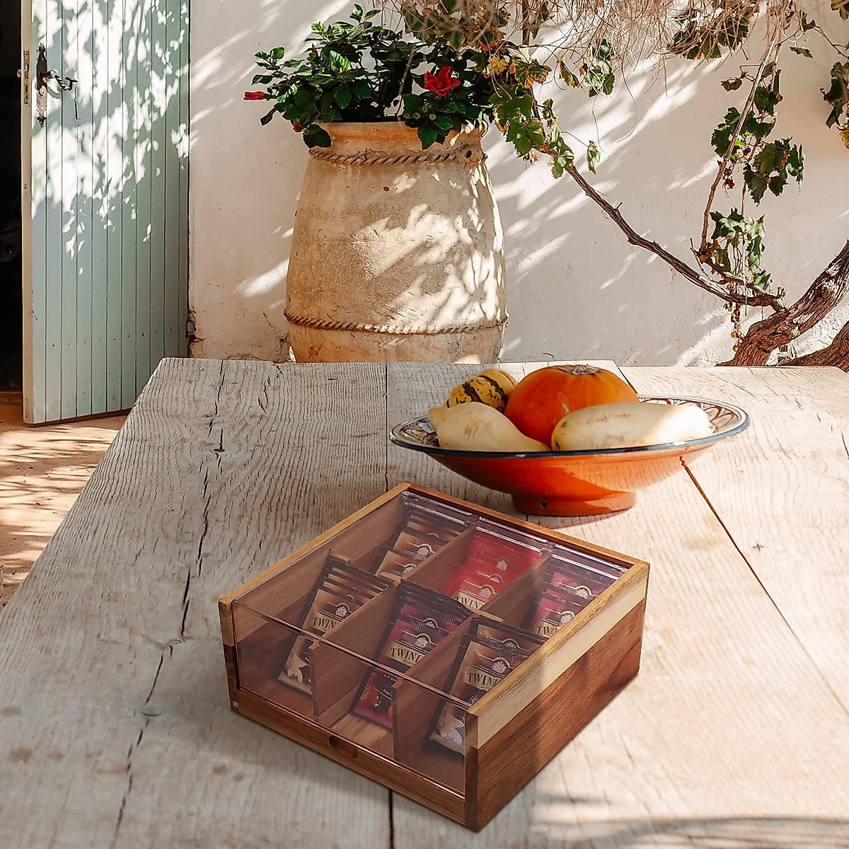 Acacia Wood Tea Bag Organizer Storage, Gift Box 6 Compartments Tea Chest Box with Acrylic Transparent Hinged Lid By HTB